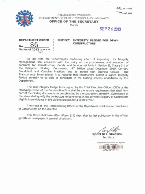 Integrity Pledge Dpwh Do 086 S2013 Pdf Pdf