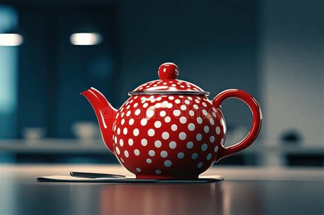 Cheerful Red Teapot With White Polka Dots On A White Background Stock