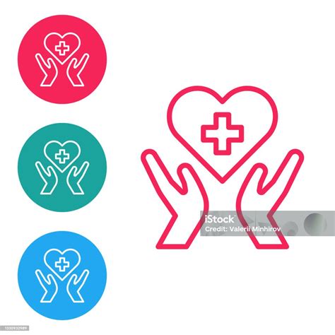 흰색 배경에 격리 된 십자가 아이콘이있는 빨간색 줄 하트 구급 의료 의료 및 약국 표지판 원 버튼에 아이콘을 설정합니다 벡터 1