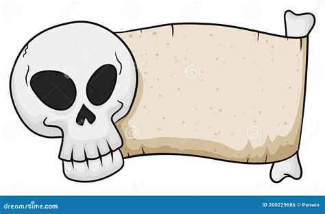 Cartoon Skull With Ancient Scroll And Bone Vector Illustration Stock