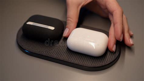 Close Up Of Female Picking Up Charged Case Of Headphones From Wireless Charging Station Next To