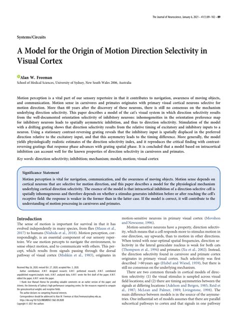 Pdf A Model For The Origin Of Motion Direction Selectivity In Visual Cortex