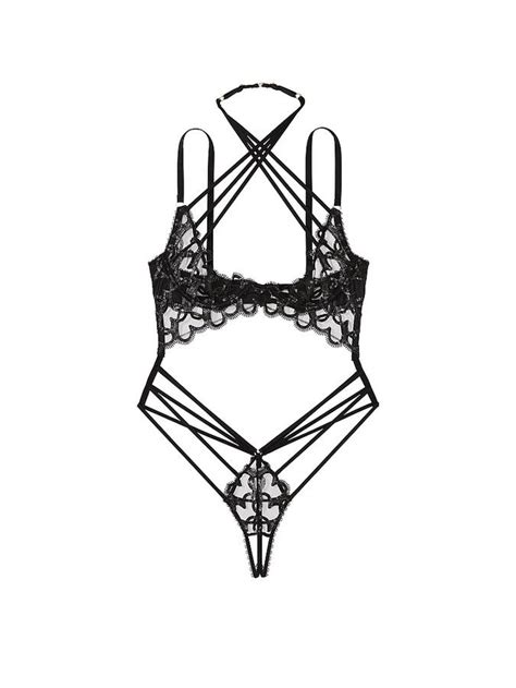 Buy Shimmer Heart Embroidery Open Cup Strappy Crotchless Playsuit
