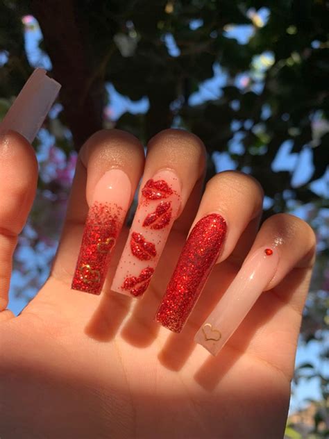 Red Glitter Acrylic Nails Valentines Day Nails Red Nails Acrylic