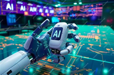 Premium Photo Ai Powered Robotic Arm In A High Tech Lab With Digital Displays