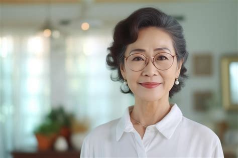 Premium Photo Beautiful Middle Aged Asian Woman In Glasses Sitting On