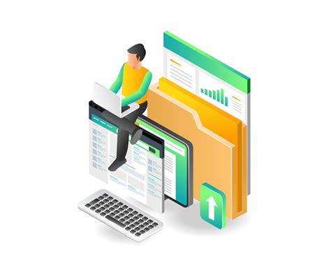 Flat Isometric Illustration Concept Of Man Working On Computer Data