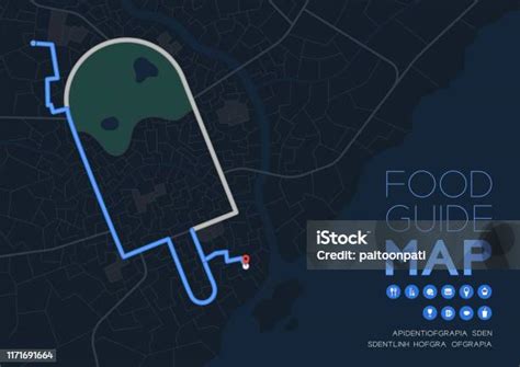 음식 및 디저트 가이드 방향지도 여행 아이콘 개념 아이스크림 아이스캔디 스틱 모양 포스터 와 소셜 배너 포스트 디자인 야간 모드 일러스트레이션 회색 배경에 고립 벡터