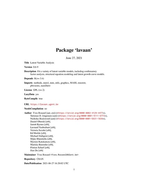 Lavaan Package ‘lavaan June 27 2021 Titlelatent Variable Analysis