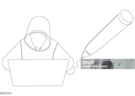 One Continuous Line Of Computer Hacker Drawn By With Felt Tip Pen Thin Line Illustration Vector
