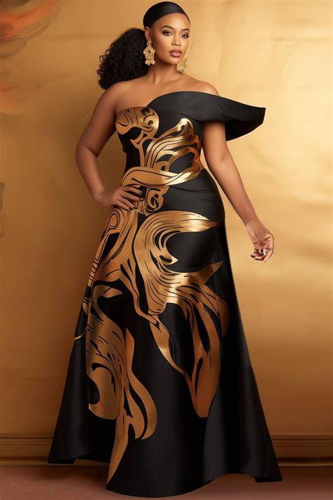 Xpluswear Design Plus Size Formal Gold Floral One Shoulder Satin Maxi