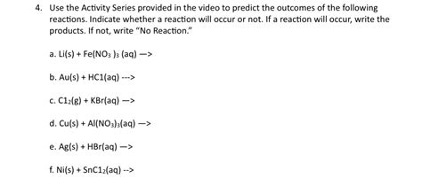 Solved Use The Activity Series Provided In The Video To Chegg