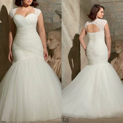 Plus Size Mermaid Wedding Dresses Sweetheart Cap Sleeve Lace Appliqued