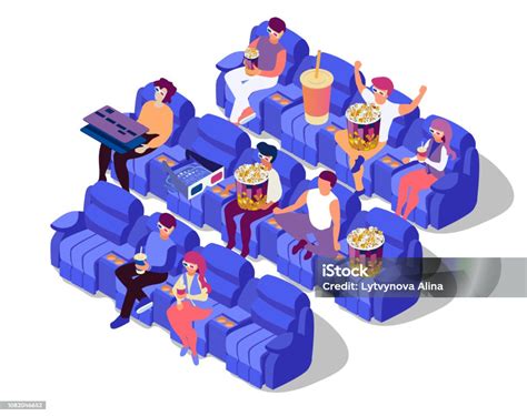 사람들이 영화를 극장에서 영화 보기 완전 방입니다 사람들이 영화에서 좋은 시간을 얻을 흰색 바탕에 등각 투영 평면 3d 그림입니다 팝콘 소 다 신용 카드 및 영화관의 자에