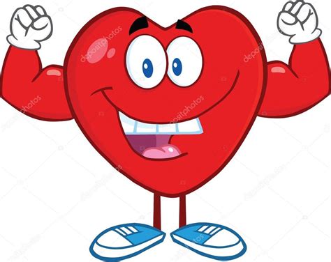 Happy Heart Cartoon Character Showing Muscle Arms Stock Photo