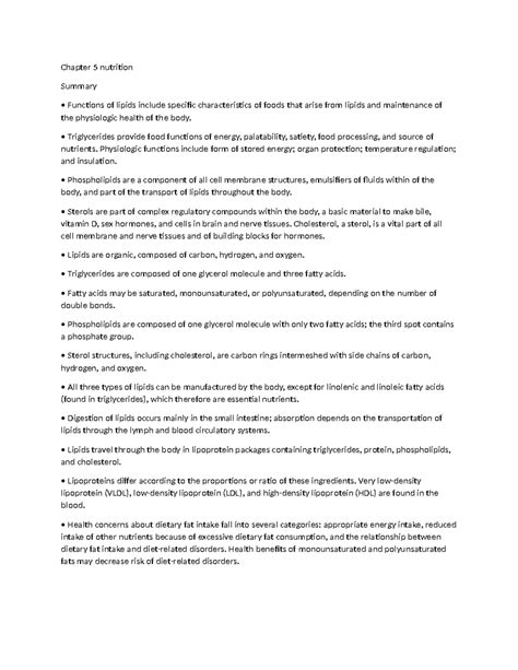 Chapter 5 Nutrition Chapter 5 Nutrition Summary Functions Of Lipids