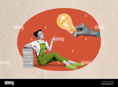 Collage 3d Image Of Pinup Pop Retro Sketch Of Smart Clever Lady Pointing Lamp Having Great Idea