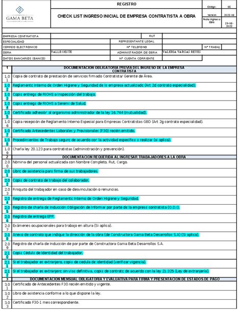 Check List 1ra Reu Registro Código Sc Check List Ingreso Inicial De
