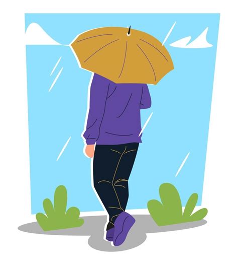 Man Walking With Umbrella On Rainy Day Back View Blue Sky Clouds