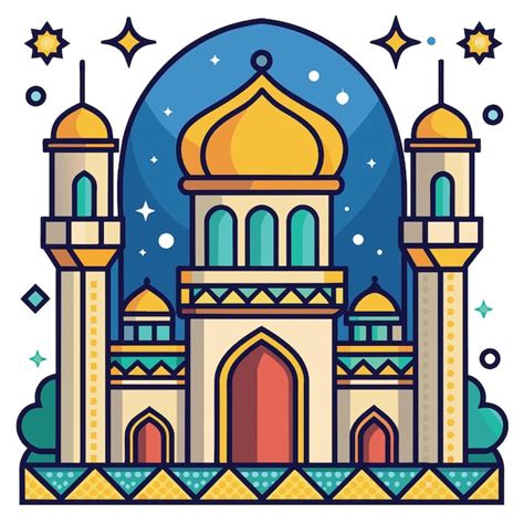 Un Dibujo De Una Mezquita Con Un Fondo Azul Con Estrellas Y Un Cielo