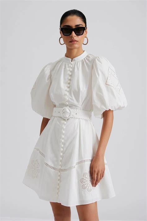 Allie Pouf Sleeve Embroidered Mini Dress White Villoid