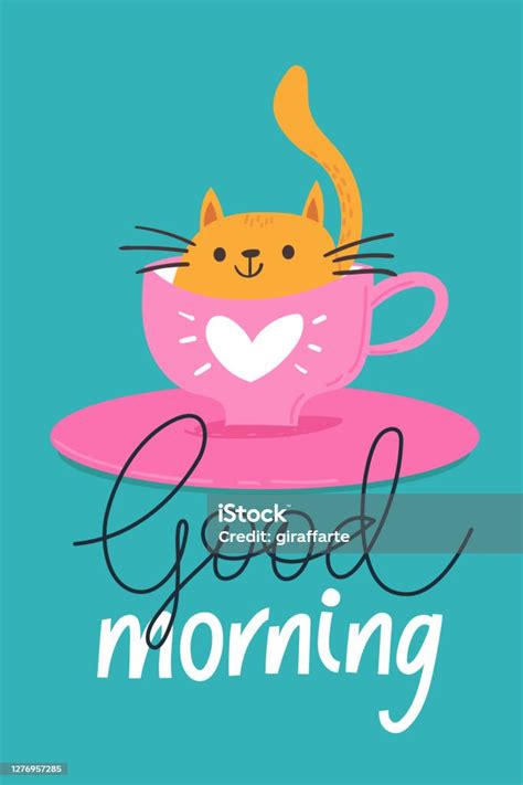 귀여운 만화 고양이와 좋은 아침 따옴표와 트렌디 한 포스터 1980 1989 년에 대한 스톡 벡터 아트 및 기타 이미지 1980 1989 년 1990 1999 년
