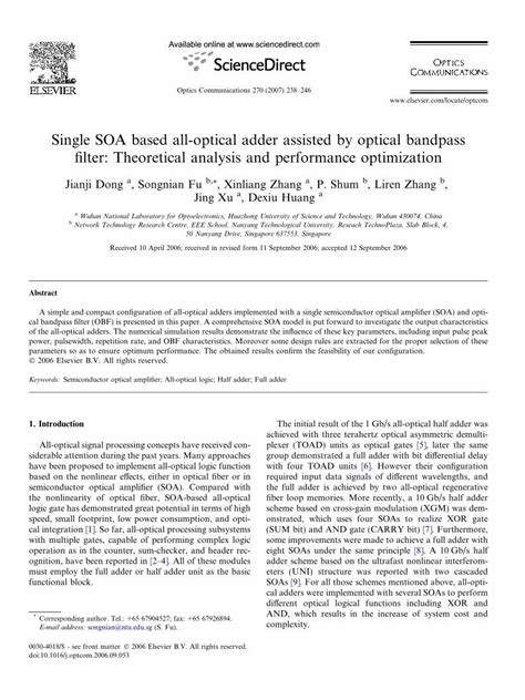 pdf single soa based all optical adder assisted by optical bandpass