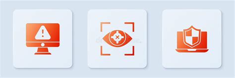 Set Eye Scan Monitor With Exclamation Mark And Laptop Protected Shield White Square Button