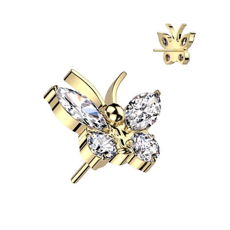 Implant Grade Titanium Gold Pvd Large White Cz Gem Butterfly Threadless