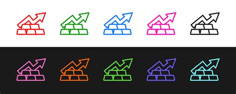 흑백 배경에 분리된 금색 막대 아이콘이 있는 선 금융 성장 차트 화살표를 설정합니다 재정적 성공 개념입니다 금 투자 개념입니다