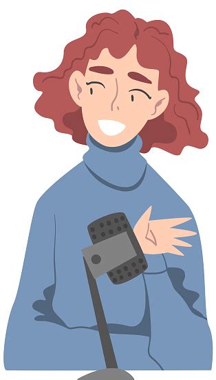마이크와 함께 오디오 팟 캐스트를 녹음 웃고 있는 젊은 여성 스튜디오 만화 스타일 벡터 일러스트레이션에서 라디오 진행자 통신