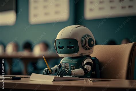 Little Cute Robot Sits At A School Lesson At A Desk Does Homework Technological Progress