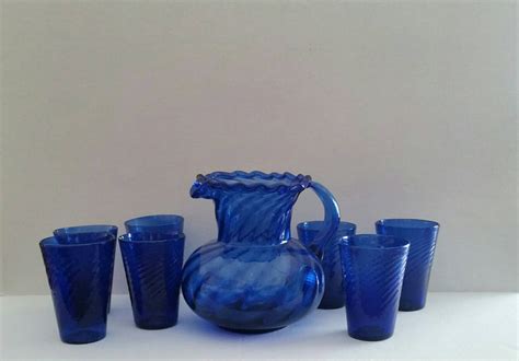 Hand Blown Cobalt Blue Glass Swirled Pitcher With Seven Etsy