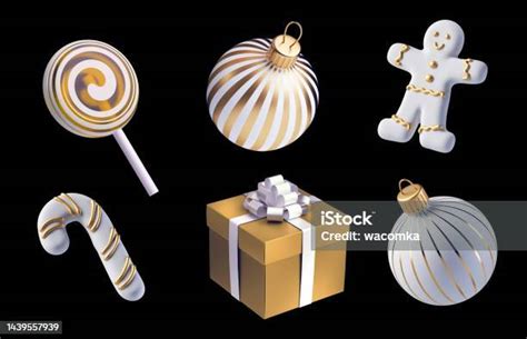 3d 렌더링 흰색과 금색 크리스마스 장식품 검은색 배경에 격리된 축제 클립 아트 요소 세트 0명에 대한 스톡 사진 및 기타 이미지 Istock