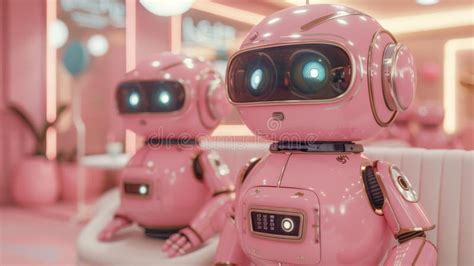 Cute Pink Robots In A Futuristic Cafe Generative Ai Stock