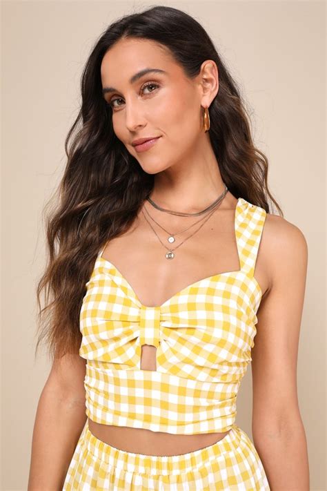 Yellow Gingham Crop Top Keyhole Cutout Top Gingham Top Lulus