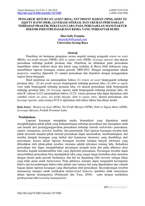 PDF PENGARUH RETURN ON ASSET ROA NET PROFIT MARGIN NPM DEBT TO