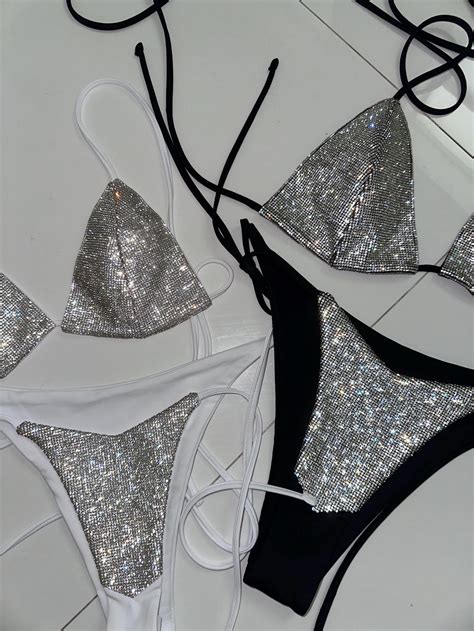 Sparkling Rhinestone Shiny Swarovski Crystal Bikini Set Swimwear Lingerie White Etsy