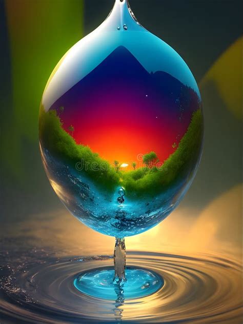 Nature Inside A Water Drop Vibrant Colours Volumetric Light Stock