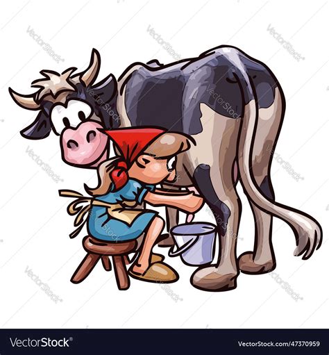 A Peasant Woman Milking Cow Cartoon Royalty Free Vector