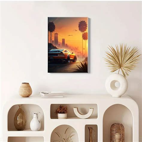 1개의 아르 데코 스타일 나무 액자 캔버스 아트 16x24인치 고전적인 자동차가 있는 생생한 일몰 도시 풍경 Temu