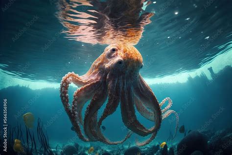 An Octopus Swimming In The Ocean With Its Head Above The Water S Surface And Its Tail Sticking