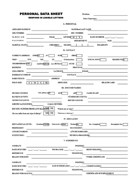 Personal Data Sheet Template Pdf