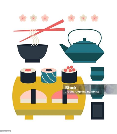 일식음료 플랫 아이콘 세트 초밥 소 메 타코 야 끼 주먹 밥 녹차사 케돋보이는떡쌀 구슬장 국두 부오뎅덮밥대만튀김라 멘밥 그릇교자 국수에 대한 스톡 벡터 아트 및 기타 이미지