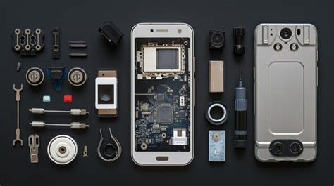 Neatly Organized Display Of Smartphone Components And Repair Tools On A Dark Surface Featuring