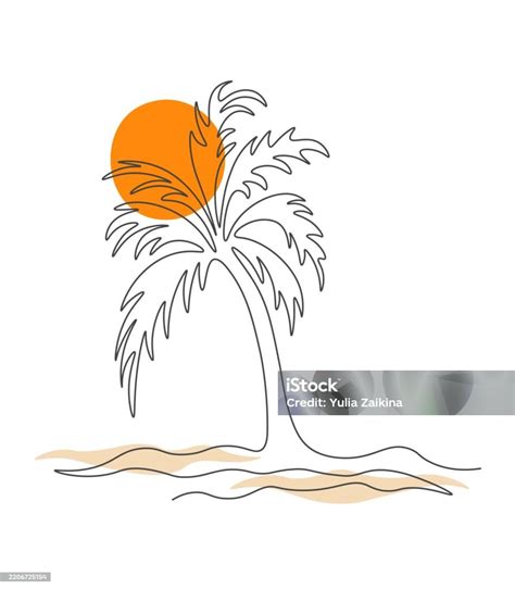 한 줄로 일몰 배경에 야자수 하나의 연속된 선으로 그립니다 열대 식물과 모래 편집 가능한 스트로크 현대적인 미니멀한 라인 아트 스타일입니다 벡터 선형 그림입니다 0명에 대한