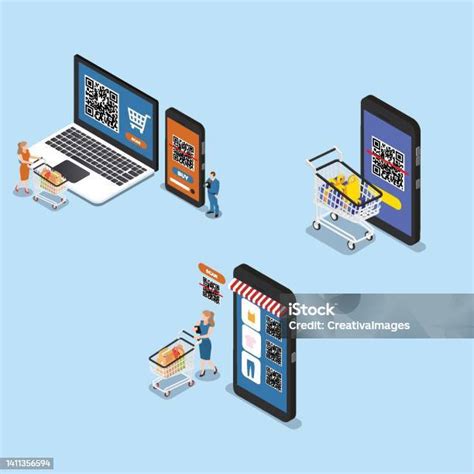 쇼핑을 위한 Qr 코드 사용 결제 아이소메트릭 3d Qr코드에 대한 스톡 벡터 아트 및 기타 이미지 Qr코드 슈퍼마켓