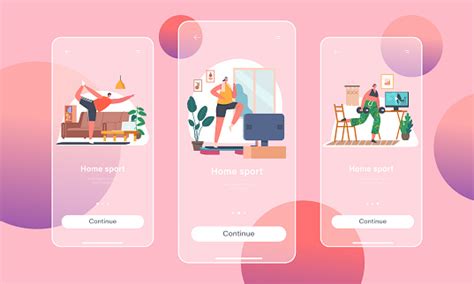 홈 스포츠 모바일 앱 페이지 온보드 화면 템플릿 피트니스 건강한 라이프 스타일 운동 스트레칭을하는 캐릭터 개념에 대한 스톡 벡터 아트 및 기타 이미지 Istock