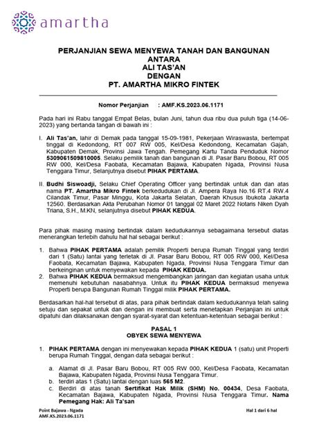 Perjanjian Sewa Fullpayment New Point Bajawa Area Ngada Pdf