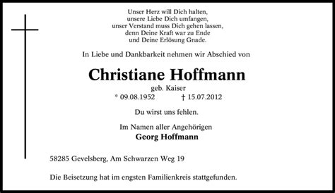 Traueranzeigen Von Christiane Hoffmann Trauer In Nrwde